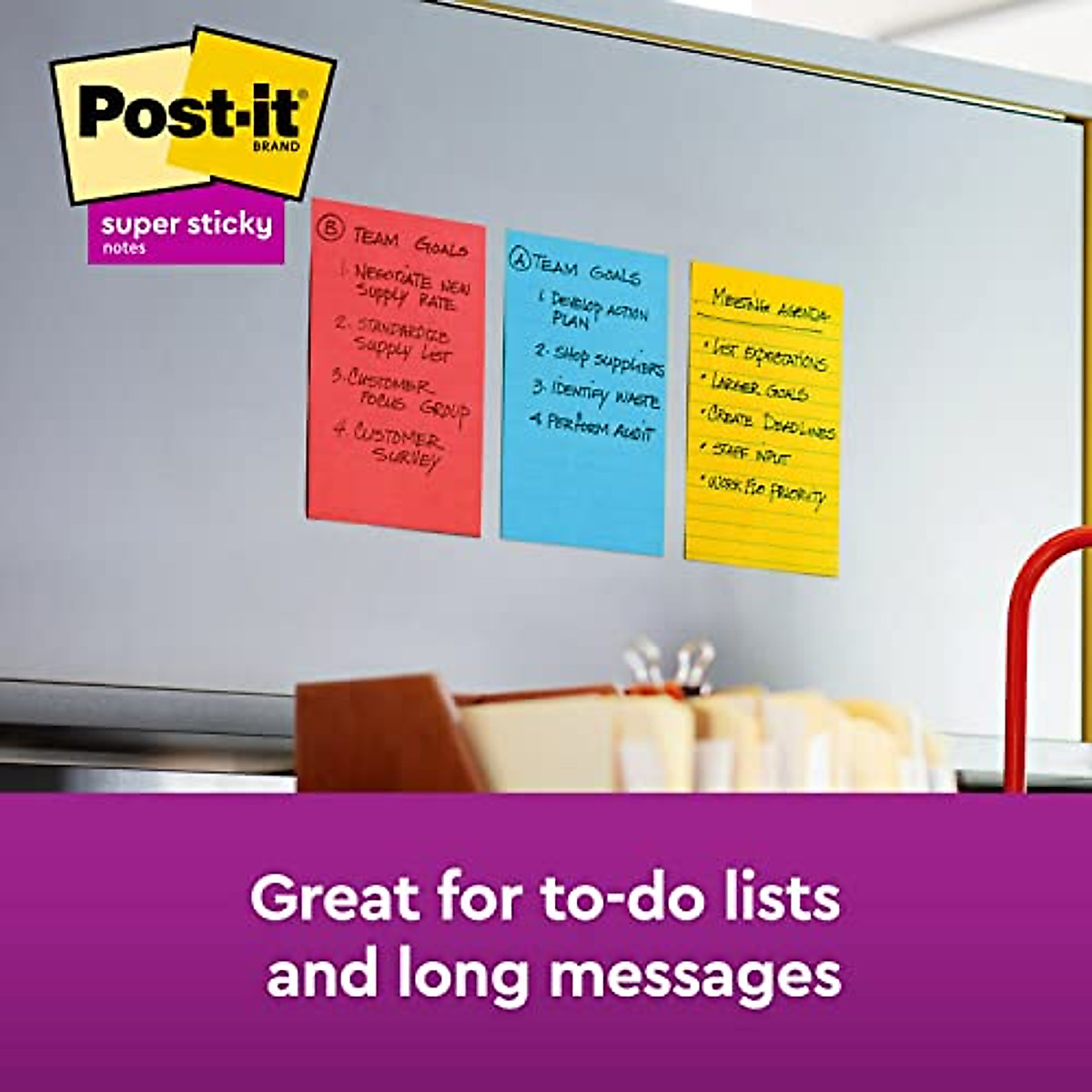 Post-it Super Sticky Notes, Assorted Sizes, 13 Pads, 2x the Sticking Power, Playful Primaries, Primary Colors (Red, Yellow, Green, Blue, Purple), Recyclable (4623-13SSAU)
