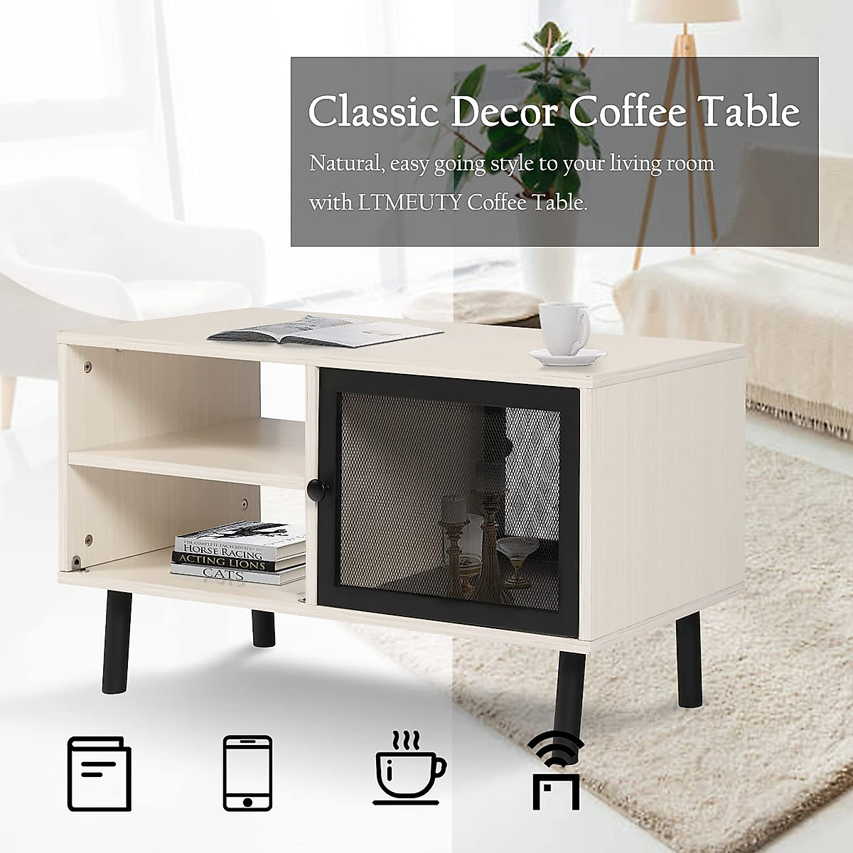 LTMEUTY Coffee Table for Living Room, Mid-Century Modern Coffee Table with Double Mesh Doors & Open Storage Shelves, Wood and Metal Cocktail Table, Accent Furniture, White Wood Grain