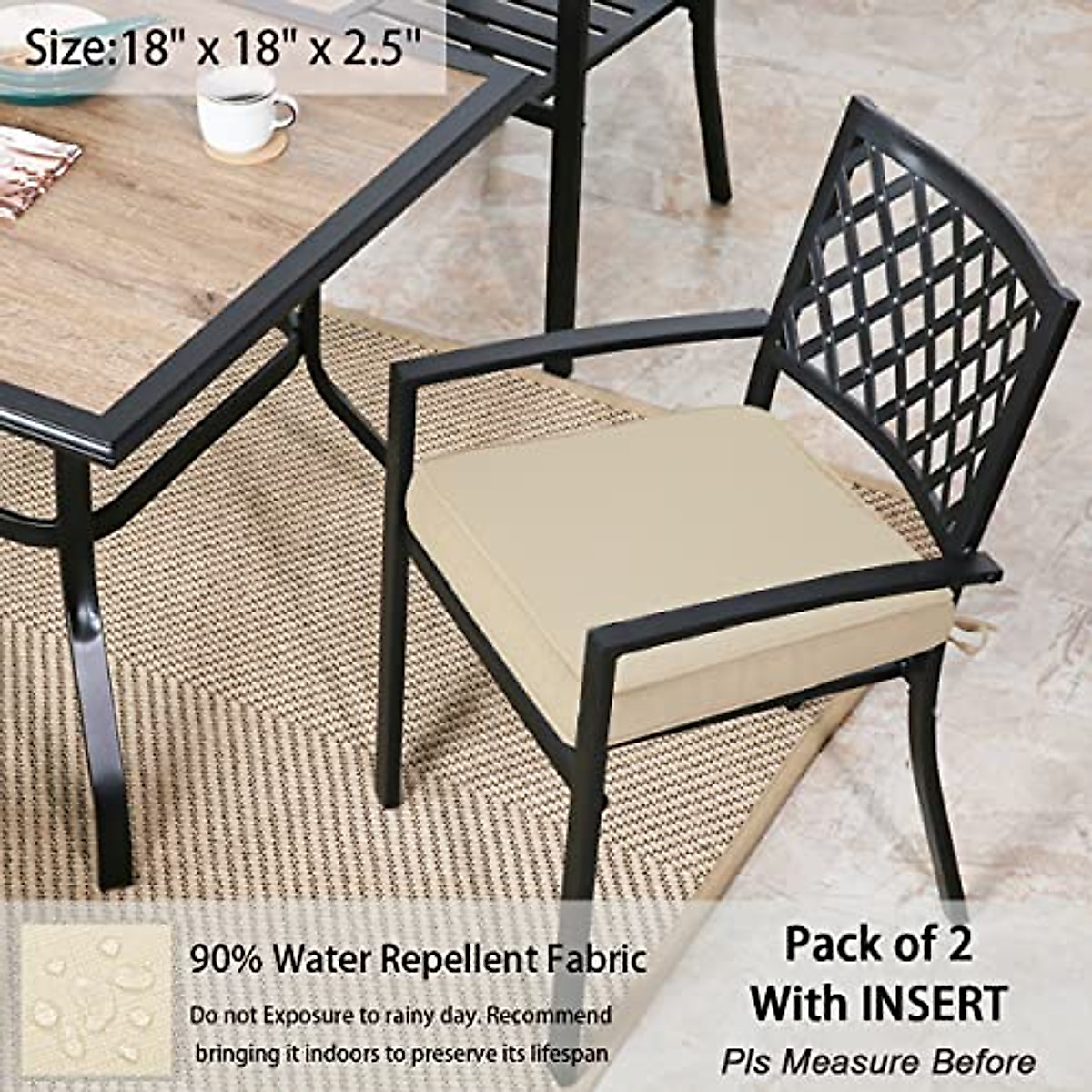 FUNHOME Water-Resistant Outdoor Patio Cushion with Ties, Patio Furniture Cushion Chair Seating, Set of 2 Indoor/Outdoor Square Corner Seat Cushion，18" x 18" x 2.5"-Antique Beige