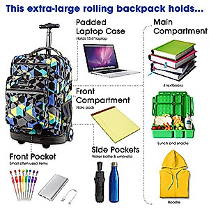 J World New York Sundance Rolling Backpack Girl Boy Roller Bookbag, Cubes, 20 Inch