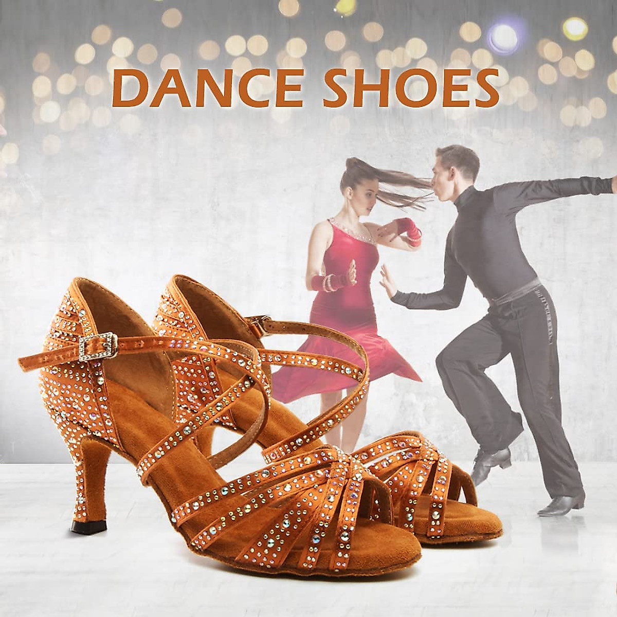 SWDZM Women's Rhinestone Dance Shoes Ballroom Latin Salsa Performance Practice Dancing Shoes,L377,Bronze,Heel 3'',US 7