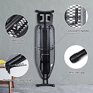 Duwee 13"x38" Ironing Board with Heat Resistant Cover and Thicken Felt Pad, Folding Adjustable Height Large Ironing Board,Heavy Sturdy Legs,Black