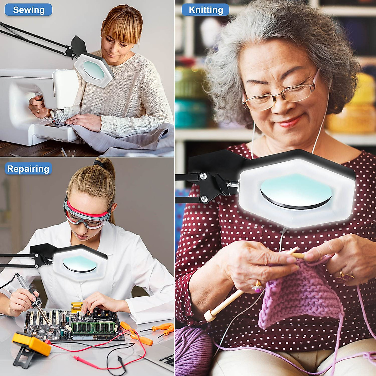 Psiven Magnifying Glass with Light and Stand, Dimmable LED Magnifier Desk Lamp with Clamp, 3 Color Modes, Hands Free Magnifying Lights for Close Work, Repair, Swing Arm Magnifying Work Light with Base