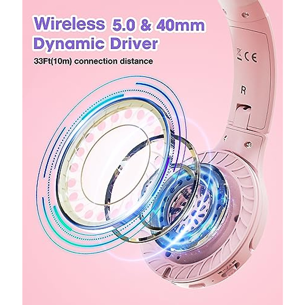 KONNAO Kids Headphones Wireless 60H, Foldable On Ear Headphone with MIC, Volume Limiter 85dB/94dB Wireless & Wired Headphones, Over-Ear Headphone for Kid Adult School Online Class Travel, Pink
