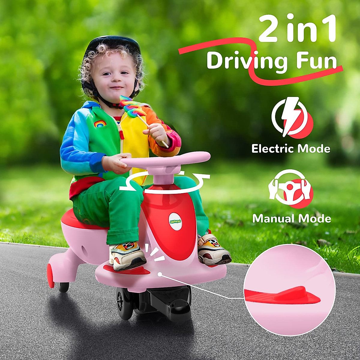 Electric Wiggle Car, ANPABO 2 in 1 Wiggle Car Ride on Toy with Pedal, Adjustable Length, Light Up Wheels, Rechargeable Battery, Anti-Rollover Structure, Swing Car with Music for Kids 3 Years and Up