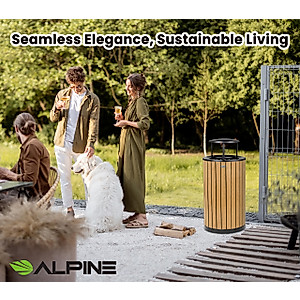 Alpine 32 Gallon Commercial Outdoor Trash Can - Heavy Duty Garbage Can Outdoor, Industrial Trash Can with Plastic Panels for Patio, Parks, Trails & Resorts (Rain Bonnet Lid - Cedar)