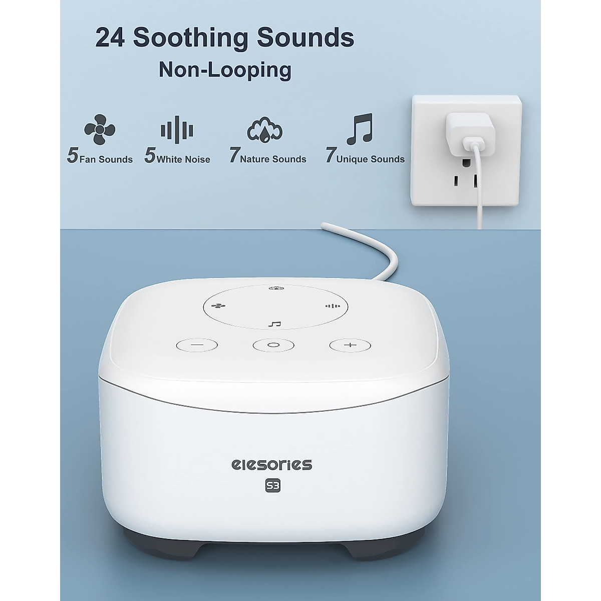 White Noise Machine, Sleep Sound Therapy with 24 Soothing Sounds for Adults Baby Sleeping,3 Auto-Off Timer, Memory Function Sleeping Sound Machine for Nursery Office Home, AC Powered-White