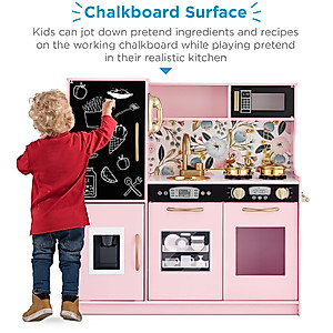 Best Choice Products Pretend Play Kitchen Wooden Toy Set for Kids w/Realistic Design, Telephone, Utensils, Oven, Microwave, Sink - Pink Floral