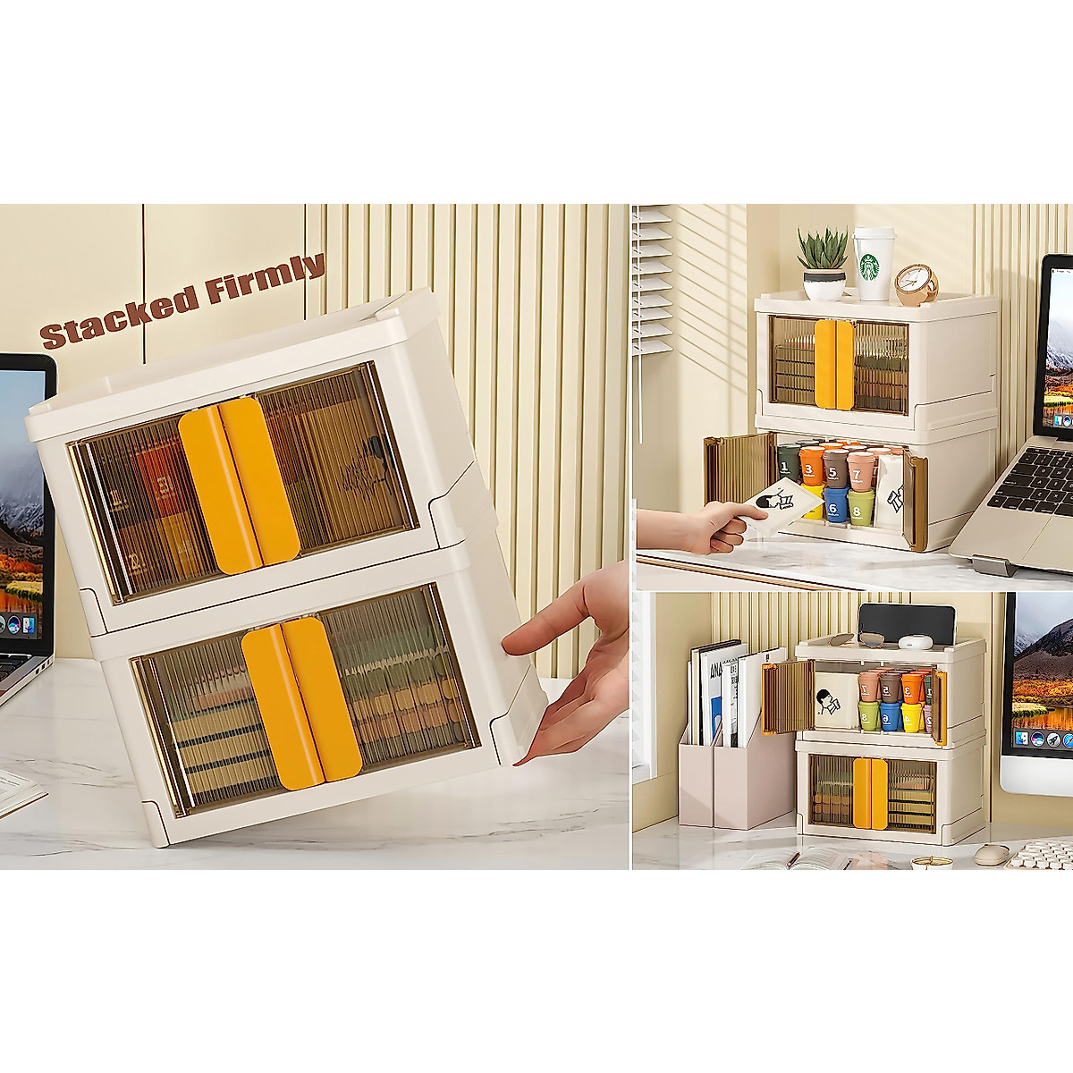 AARAINBOW 4 Pcs Plastic Storage Bins with Lids and Doors, Small Storage Bins Stackable Plastic Storage Boxes Cute, Small Storage Boxes with Lids for Home Dorm Office, 4.2L (S 4 White)