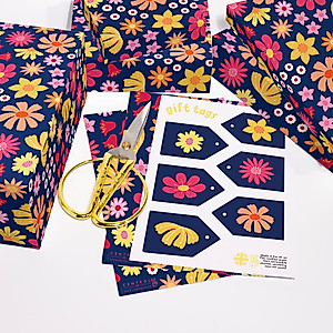 CENTRAL 23 Floral Wrapping Paper - Boho Wrapping Paper - 6 Sheets Blue Gift Wrap - Midnight Flowers - Hippie - Birthday Wrapping Paper For Women - Comes With Cute Stickers