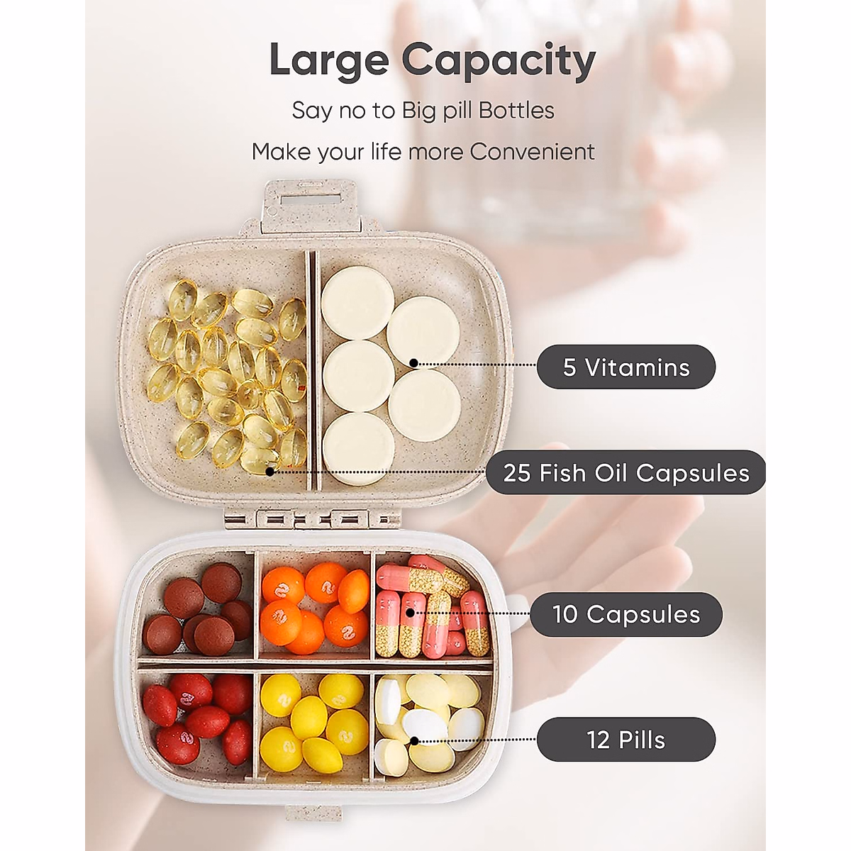 Holii Travel Pill Organizer, 8 Compartments Portable Pill Case, Daily Pill Box to Hold Vitamins, Small Pill Container for Pocket Purse Medicine Organizer（Khaki）