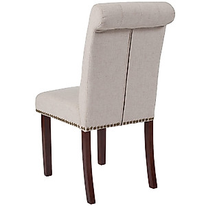 Flash Furniture HERCULES Series Beige Fabric Parsons Chair with Rolled Back, Accent Nail Trim and Walnut Finish