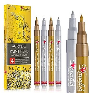 Acrylic Paint Pens - Permanent Markers 2 Gold Pens & 2 Silver Paint Marker Pens Set of 4 Acrylic Pens 0.7mm Extra Fine Tip - Ideal for Rock Painting, Fabric, Glass, Wood, Canvas, Ceramic, Porcelain