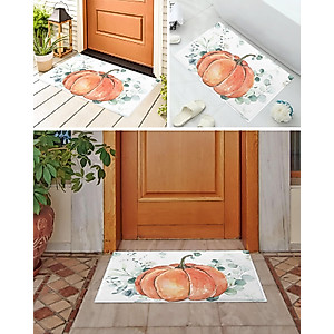 ALAGEO Fall Doormat Fall Pumpkin Door Mat Welcome Mats Entrance Floor Mat Green Eucalyptus Leaves Fall Seasonal Harvest Thanksgiving Floor Mat Outdoor Indoor Runner Rugs Non-Slip Floor Mat 20"x32"