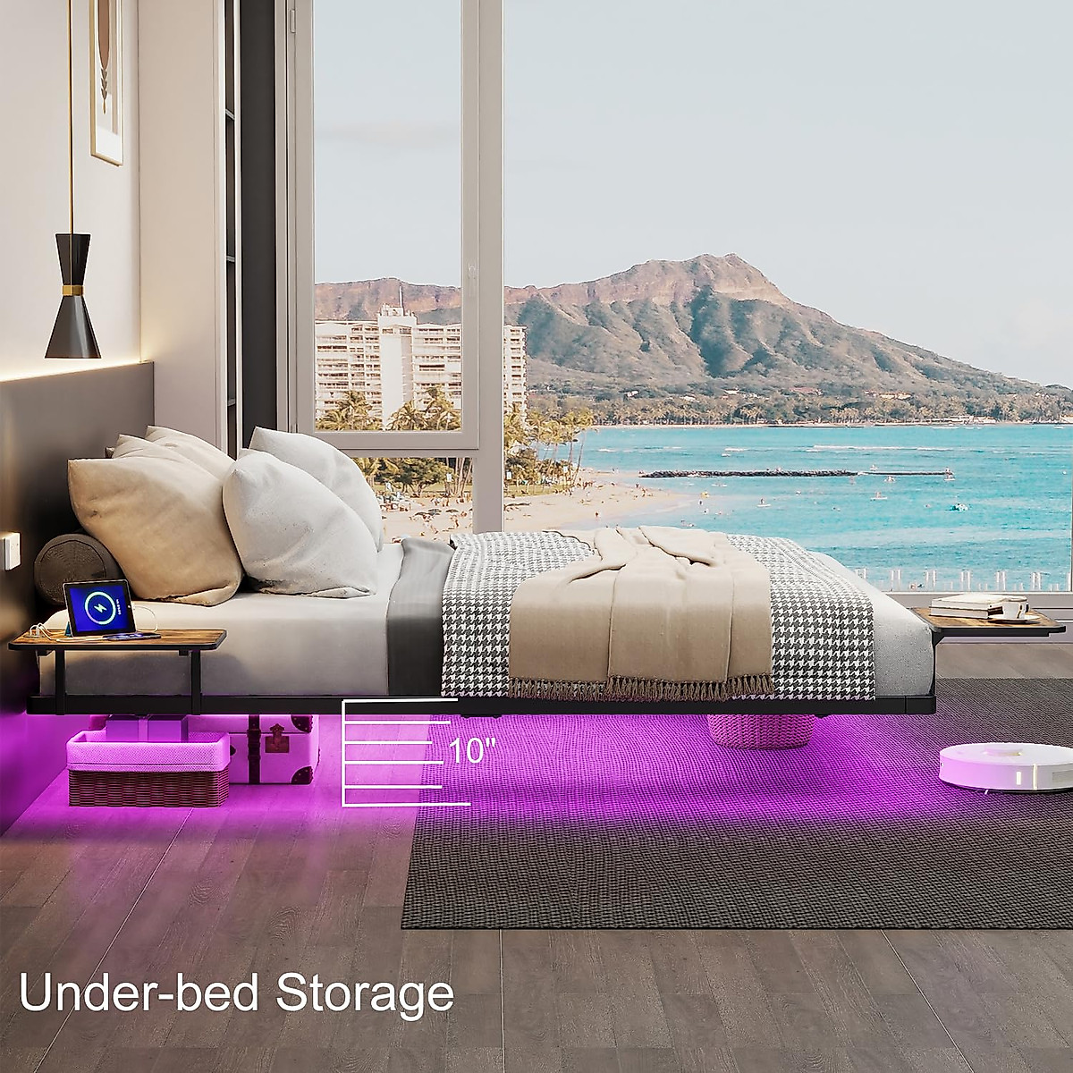 Bigu Floating Bed Frame with LED Lights Metal Platform with 2 Bedside Tables and Charging Station, Queen