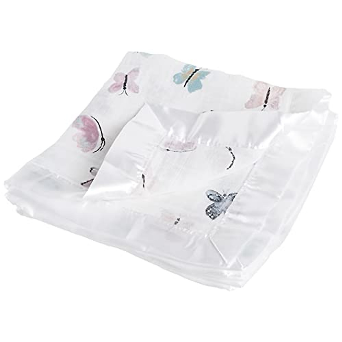 lulujo Baby Security Lovey Blankets| Unisex Softest Breathable Cotton Muslin Security Blanket with Silky Satin Trim| 16in by 16 in| Butterfly, 2 Count
