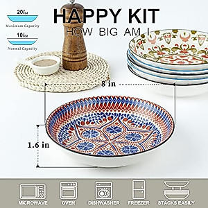 HAPPY KIT 8 inch Pasta Bowls, Salad Bowls Set of 6 for Dessert Appetizer Pasta Bread, Scratch Resistant & Leak Free, Microwave, Oven and Dishwasher Safe, Multiple Pattern