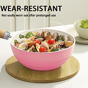 Ceramic Nonstick Frying Pan with Lid,Refined Iron Sauce Pan with Double Guide Ports and Wooden Handle, Cooking Pot Saucepan for Stove Top (Pink)