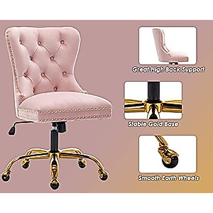 ZHENGHAO Velvet Vanity Chair with Gold Swivel Base, Upholstered Tufted Accent Office Desk Chair, Adjustable Armless Task Chair for Women Living Room Bedroom Makeup, Blush Pink