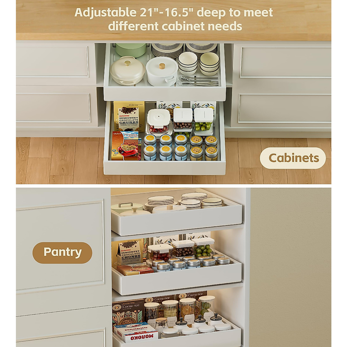 2 Pack Pull out Cabinet Organizer 21"D x 12"W, Peel And Stick Slide out Drawers for Kitchen Cabinets, Sliding Drawers Cabinet Roll out Shelves for Dishes Storage(White)