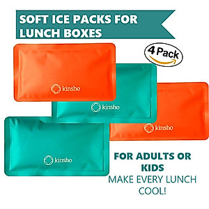 kinsho Ice Pack for Kids Lunch Box, Bag and Bento Boxes, 4 Pack Set, Reusable and Refreezable Soft Slim Pouches for Travel, School, Work or Camping, Long Lasting Cold, Flexible | Aqua Orange…