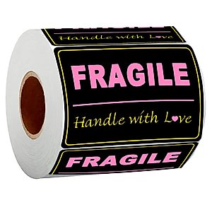 Pink Fragile Handle with Love Labels 2X3 inch Black Yellow Fragile Warning Shipping Mailing Stickers for Personal Gift Bag Envelope 200 Pcs Per Roll (Pink)