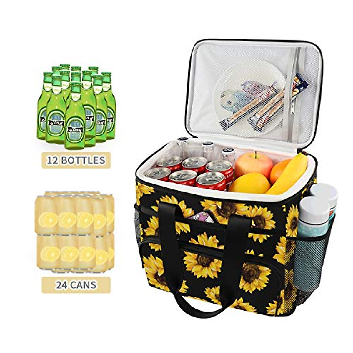 JUMBEAR 15L Leakproof Reusable Insulated Cooler Lunch Bag Office Work Picnic Hiking Beach Lunch Box Organizer with Adjustable Shoulder Strap, Black Sunflower