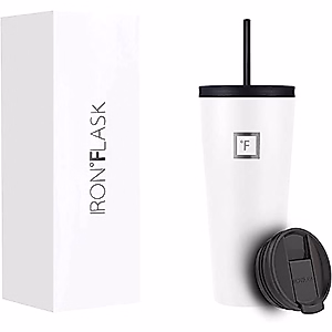 IRON °FLASK Classic Tumbler 2.0-2 Lids, Vacuum Insulated Stainless Steel Bottle, Modern Double Walled, Drinking cup, Simple Thermo Travel Mug, Hydro Water Metal Canteen - Winter White, 32 Oz