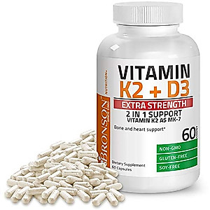 Bronson Vitamin K2 (MK7) with D3 Extra Strength Supplement Bone Health Non-GMO Formula 10,000 IU Vitamin D3 & 120 mcg Vitamin K2 MK-7 Easy to Swallow Vitamin D & K, 60 Capsules