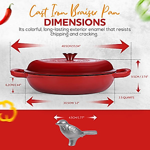 3.5 Qt Enameled Cast Iron Braiser Pan with Lid - With Customizable Knobs & Silicone Heat Grippers - Dutch Oven Cast Iron for Stir Fry & Baking - Braising Pan with Lid Oven Safe Upto 500F