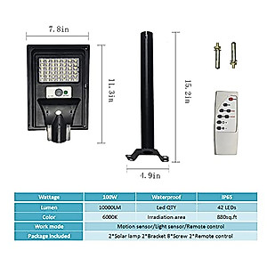 GLW 100W Solar Street Light, IP65 Solar Lights Outdoor Waterproof, Solar Lights for Outside with Remote Control and Motion Sensor for Yard,Garden, Stadium,Parking Lot (2 Pack)