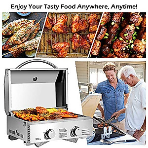 Giantex Portable Gas Grill with 2 Burner, Max. 20,000 BTU total, Folding Legs, Built-in Thermometer, Travel Locks, Stainless Steel Tabletop Propane Gas Grill for Camping Picnic Cookout RV BBQ