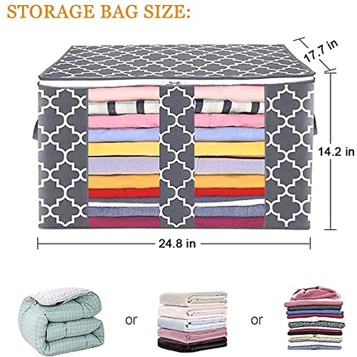 Large Capacity Clothes Storage Bag 100L/3Pack，Storage Bags for Clothes Blanket Storage Bags with Reinforced Handles for Comforters, Blankets,Sturdy Zippers, Clear Window,Grey