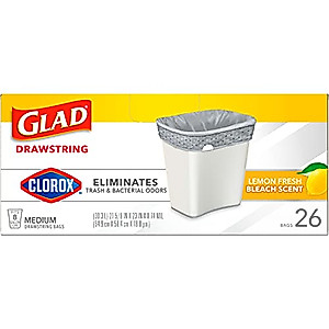 Glad Medium Drawstring Trash Bags with Clorox, 8 Gallon, Lemon Fresh Bleach Scent, 26 Count
