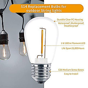 Meconard 24 Pack LED S14 Replacement Light Bulbs, Shatterproof Outdoor String Light Bulbs, 1 Watt to Replace 11Watts Incandescent Bulb, E26 Regular Medium Screw Base, 2200K Warm White, Non-Dimmable