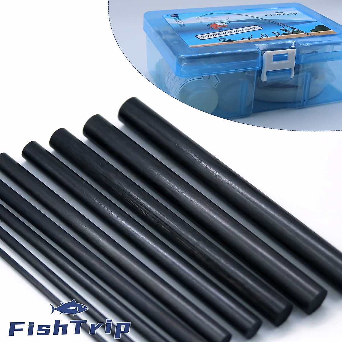 FishTrip Fishing Rod Repair Kit Complete with Epoxy,10pcs Carbon Fiber Sticks Pole Building Kit, AB Glue, Wrapping Thread for Saltwater Freshwater Spinning Casting Rod