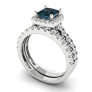 Clara Pucci 1.6ct Princess Cut Halo Solitaire London Blue Topaz Engagement Promise Anniversary Bridal Ring Band set 14k White Gold 11