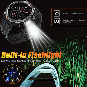 EIGIIS Military Smart Watch for Men Tactical Rugged with Bluetooth Call Flashlight 1.45'' Big Screen Fitness Tracker Heart Rate Sleep Monitor Waterproof Sports Smartwatch iPhone Android Black