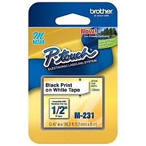 1/2" (12mm) Black on White P-Touch M Tape for Brother PT-65, PT65 Label Maker
