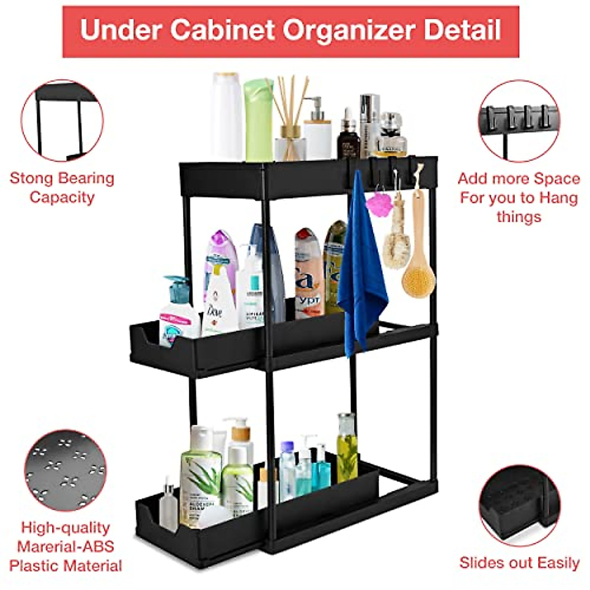 Solesoul 3-Tier Under Sink Organizers and Storage Unit - Bathroom and Kitchen Sink Organizers with 4 Hooks - Multi-Purpose Cabinet Organizer Shelf with Sliding Drawers - Black- White- Gray (Black)