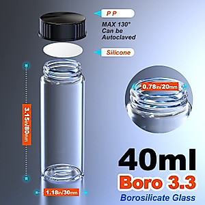 Glass Sample Vials,Wide Mouth Glass Bottle Boro 3.3 with Black Cap for laboratory,reagents bottle,leaf teas, spices,herbs, medication,paint,DIY Craft vials with sticker & Funnel (30mm 40ml 4pcs)