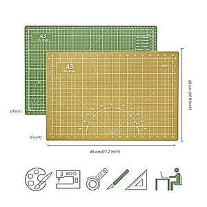 Self Healing Cutting Mat 12inch x 18inch,Professional Double Sided Durable Non-Slip Rotary Mat for Scrapbooking, Quilting, Sewing-3mm Thick 5-Ply A3(fern green/ochre yellow)