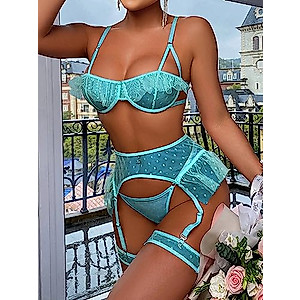 SOLY HUX Women's Valentines Sexy Mesh Lingerie Set Lace Teddy Strap Babydoll Bodysuit with Garter Belts Plain Light Blue XXL