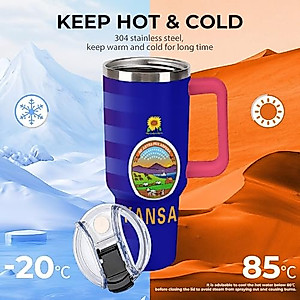 U.S.A Kansas State Flag 40oz Water Bottle Double Wall Insulated Tumbler with Handle Leakproof Travel Mug Light Rose Red-style