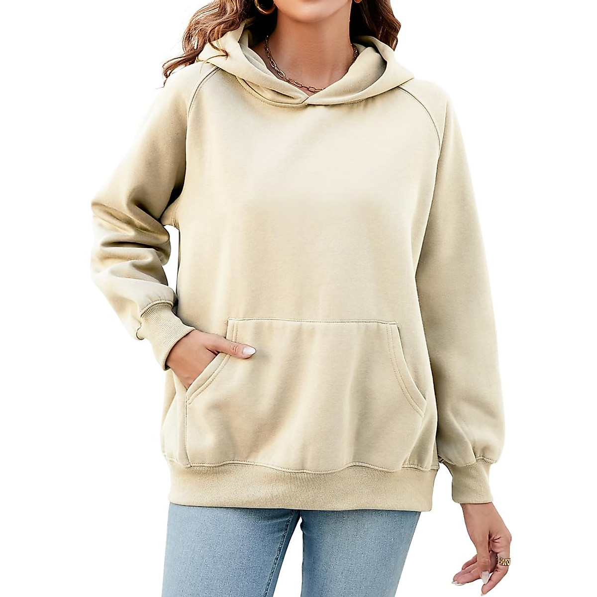 FLYCHEN Men's Solid Color Loose Hoodie Hip Hop Couples Long Sleeve Unisex Sweatshirt Apricot L