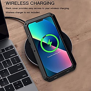 LUSTAM Heavy Duty Rugged Full Body Shockproof Dustproof Military Aluminum Silicone Bumper Protective Hard Case with Built in Screen Protector, Port Protector for iPhone 13 Mini 5.4 inch, Black