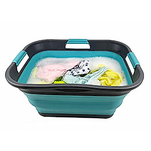 SAMMART 30L (8 gallon) Set of 2 Collapsible Plastic Laundry Basket - Foldable Pop Up Storage Container/Organizer - Portable Washing Tub - Water capacity: 24L (6.3 gallon) (Alloy Grey + Crystal Blue)