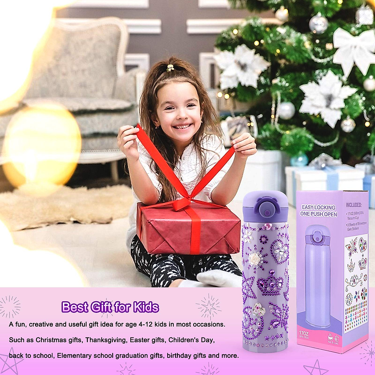 HULASO Valentines Day Gifts for Kids 7 Year Old Girls Decorate Your Own Water Bottles with Gem Stickers - DIY Gifts Arts and Crafts, BPA Free Stainless Steel Vacuum Insulated Mug (17 OZ)