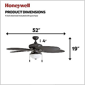 Honeywell Ceiling Fans Inland Breeze, 52 Inch Tropical Indoor Outdoor Ceiling Fan with Light, Pull Chain, Three Mount Options, Weather Resistant Blades - 50510-01 (Bronze)