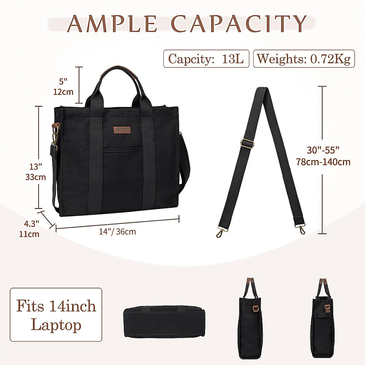 VASCHY Canvas tote bag, Casual Reusable Work Totes for Women Teachers with Zippers Pockets Crossbody Shoulder Bag Purse Black